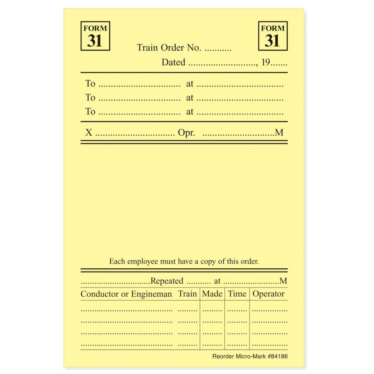 Car Routing System Train Order Form 31 (Pkg. of 50 ) – Micro-Mark